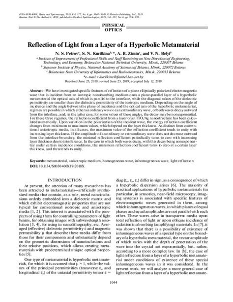 Pdf Reflection Of Light From A Layer Of A Hyperbolic Metamaterial