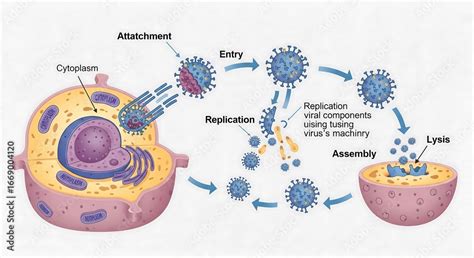 A Detailed Scientific Diagram Illustrating The Complete Viral Life