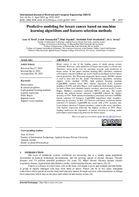 pdf predictive modeling for breast cancer based on machine learning algorithms and features
