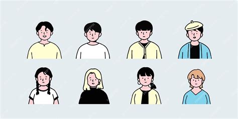 개요 아바타 프로필 세트 사무원 손으로 그린 아이콘 스타일 플랫 라인 벡터 프리미엄 벡터