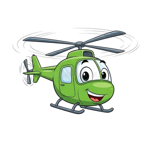 Cartoon Illustration Of A Smiling Green Helicopter With Rotating Blades And Landing Gear Shown