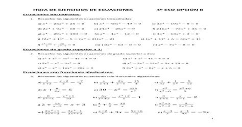 Hoja De Ejercicios De Ecuaciones 4º Eso OpciÓn Biessanchezalbornoz