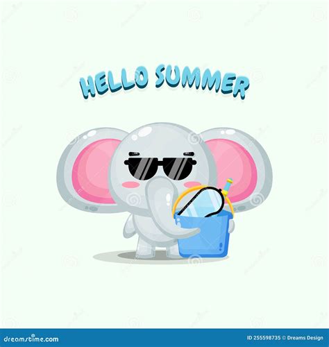 Cute Elephant Mascot Carrying A Bucket With Summer Greetings Stock