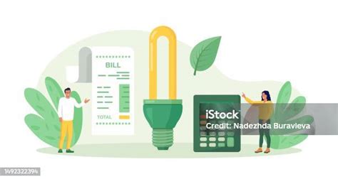 공과금 지불 전기 소비 비용 사람들은 가정에서 에너지 소비를 줄이고 에너지 절약 전구를 사용합니다 절전 개념입니다 가정용 에너지 및 자원 계량기 설치 가격에 대한 스톡 벡터