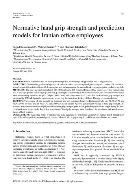 Pdf Normative Hand Grip Strength And Prediction Models For Iranian