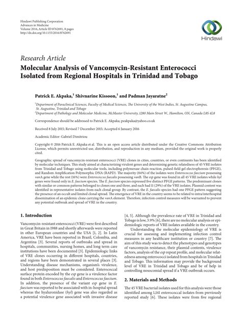 Pdf Molecular Analysis Of Vancomycin Resistant Enterococci Isolated From Regional Hospitals In