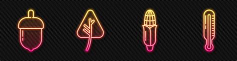 세트 라인 옥수수 도토리 잎 또는 잎과 기상 온도계 빛나는 네온 아이콘 벡터 0명에 대한 스톡 벡터 아트 및 기타 이미지 0