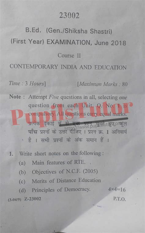 MDU B Ed St Year Contemporary India And Education Question Paper Paper Code