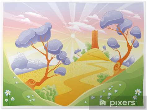 Poster Landscape With Tower Funny Cartoon And Vector Illustration