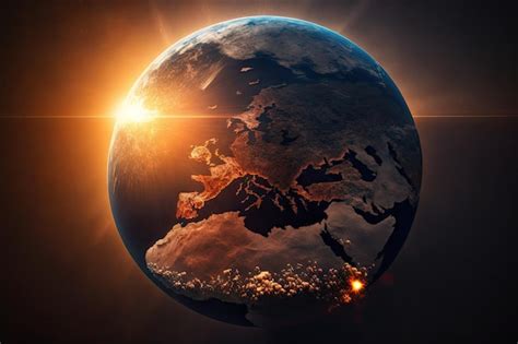 Premium Ai Image A Closeup Of A Rising Sun Over A Globe With Rays Of Light Illuminating The