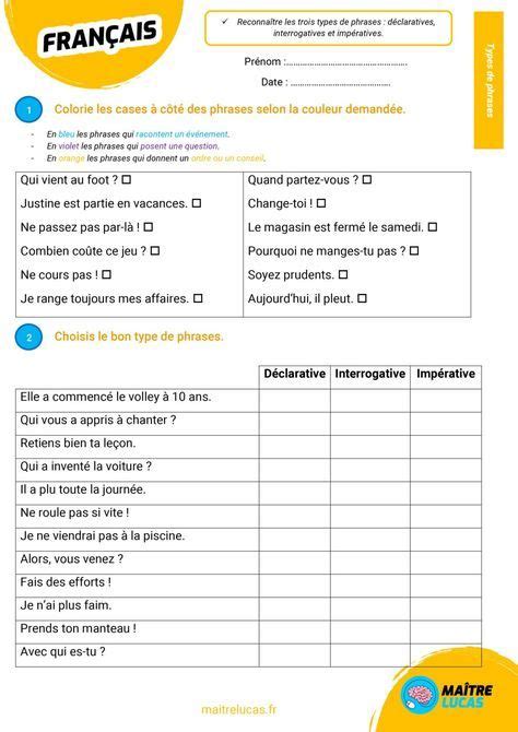 Fiche Exercices Les Types De Phrases Cp Ce1 Ce2 Maître Lucas Types De Phrases Phrase