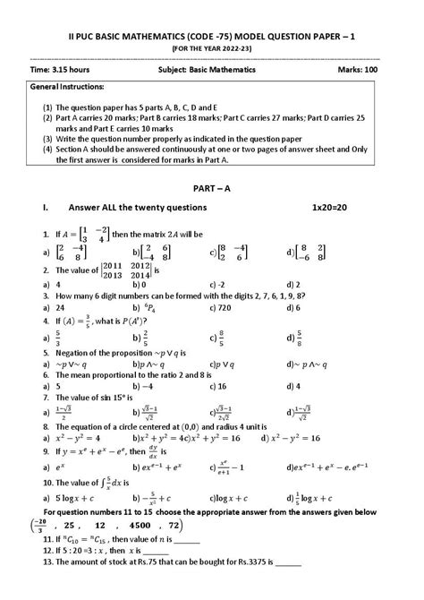 Karnataka 2nd Puc Basic Maths Model Question Paper 2023 Pdf