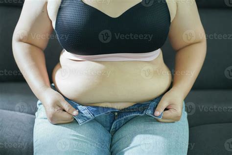 Obese Woman With Fat Upset About Her Belly Overweight Woman Touching