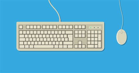 White Retro Computer Keyboard And Mouse With Shadow Vector Illustration In Flat Design On Blue