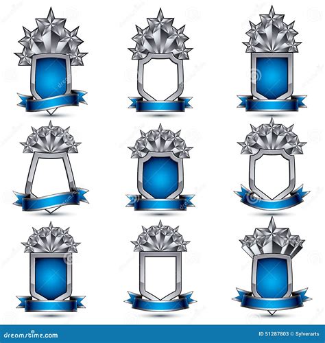 Set Of Silvery Heraldic 3d Glossy Icons With Curvy Ribbons Best Stock