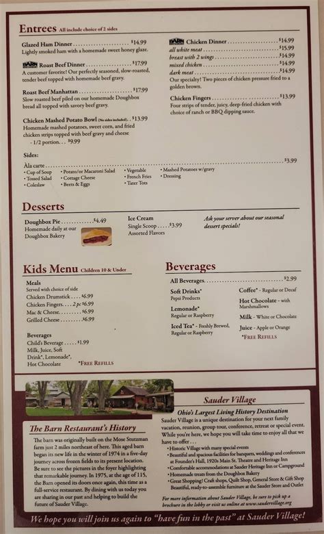 Menu At Barn Restaurant Archbold