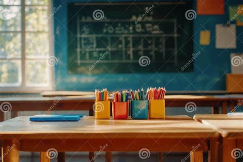 Bright And Inviting Classroom Setup With Colorful Stationery On Wooden