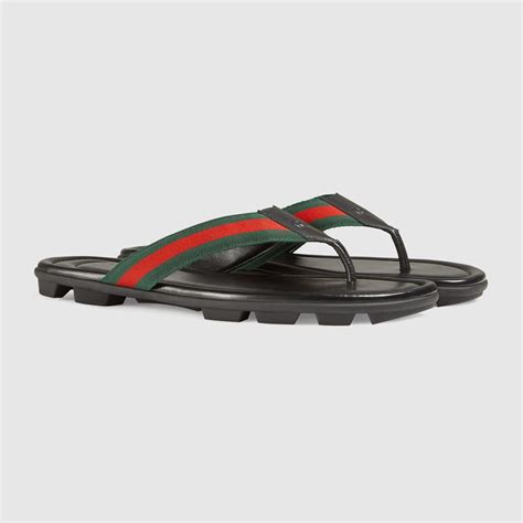 Mens Thong Sandal With Web In Black Leather Gucci® Us