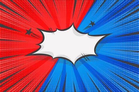 팝 아트 만화 배경입니다 만화책 슈퍼 히어로 벡터 배경 와 Retro Starburst 효과 와 템플릿을 말풍선 프레임과 비교합니다 파란색과 빨간색 빈티지 대 방사형 광선과