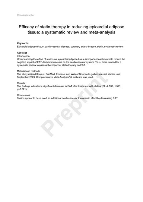 Pdf Efficacy Of Statin Therapy In Reducing Epicardial Adipose Tissue A Systematic Review And