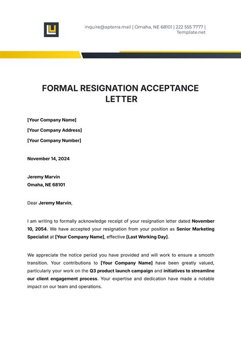Free Formal Resignation Acceptance Letter Layout Template To Edit Online