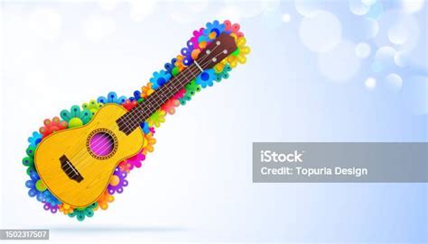 파란색 보케 배경에 화려한 꽃이 있는 우쿨렐레 하와이 스타일의 뮤지컬 벡터 배경입니다 그라데이션에 대한 스톡 벡터 아트 및 기타 이미지 그라데이션 긍정적인 감정 표현