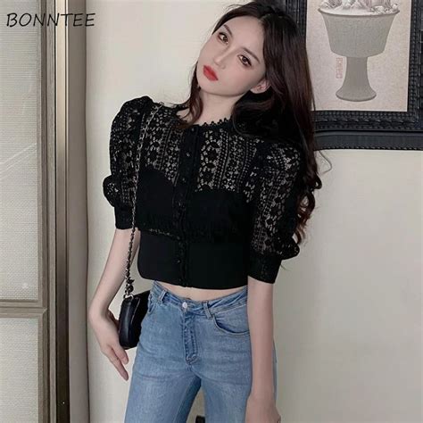 여성용 S 3xl 레이스 셔츠 심플한 크롭 올매치 섹시 슬림 순수 통기성 퍼프 소매 프렌치 스타일 레트로 시크 우아한