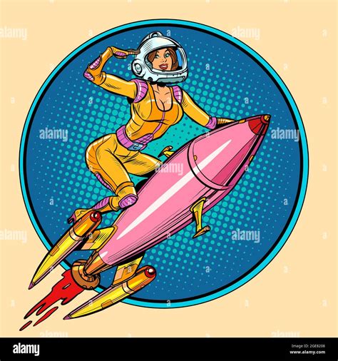 Pinup Female Astronaut Flying On A Rocket A Woman In Space Science
