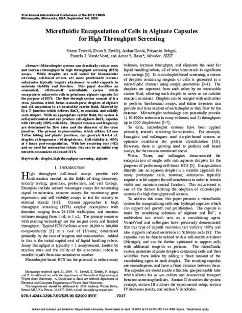 Pdf Microfluidic Encapsulation Of Cells In Alginate Capsules For High Throughput Screening