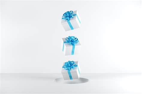 흰색 배경에 떠있는 파란색 리본 색상이있는 흰색 선물 상자입니다 최소한의 크리스마스 새해 개념입니다 3d 렌더링 0명에 대한 스톡 사진 및 기타 이미지 Istock