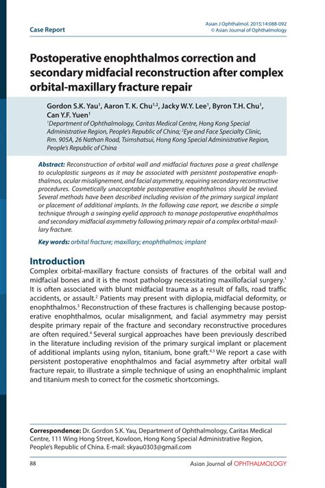 Pdf Postoperative Enophthalmos Correction And Secondary Midfacial