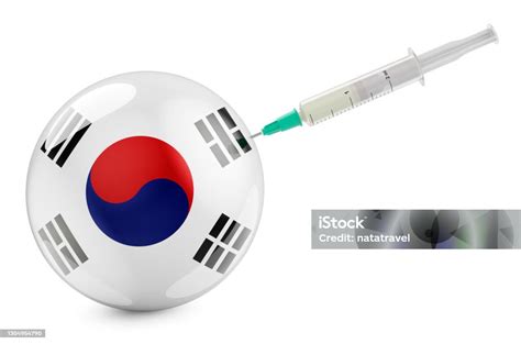대한민국 국기와 주사기 한국 개념에 예방 접종 흰색 배경에 고립 된 3d 렌더링 0명에 대한 스톡 사진 및 기타 이미지 0명