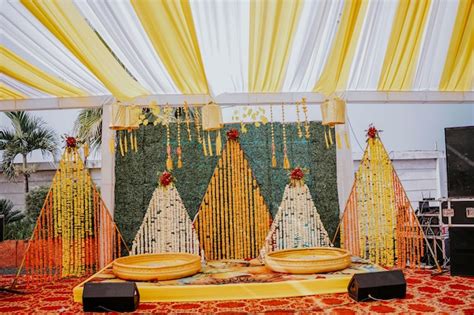 Premium Photo A Decorated Stage For Haldi Ceremony