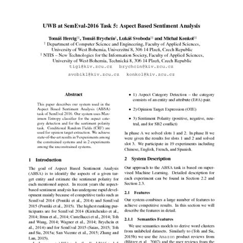 UWB At SemEval 2016 Task 5 Aspect Based Sentiment Analysis ACL Anthology