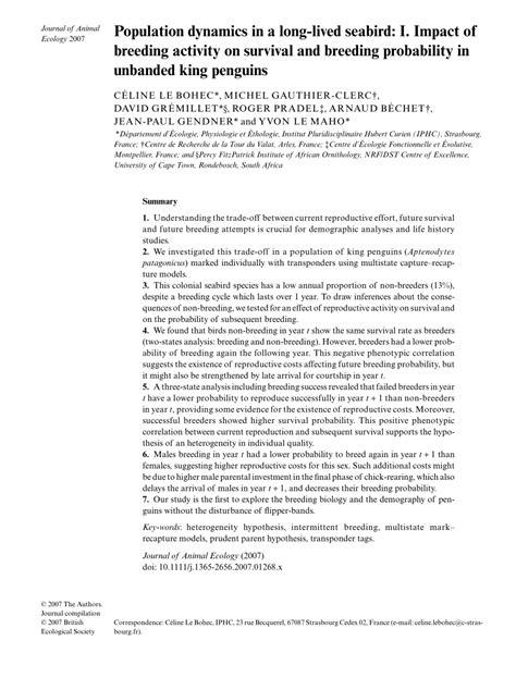 Pdf Population Dynamics In A Long Lived Seabird I Impact Of Breeding Activity On Survival