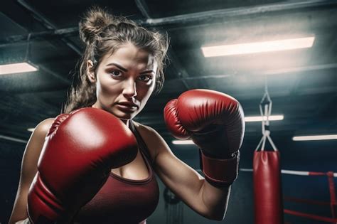 Premium Ai Image Female Boxer Hitting A Huge Punching Bag At A Boxing