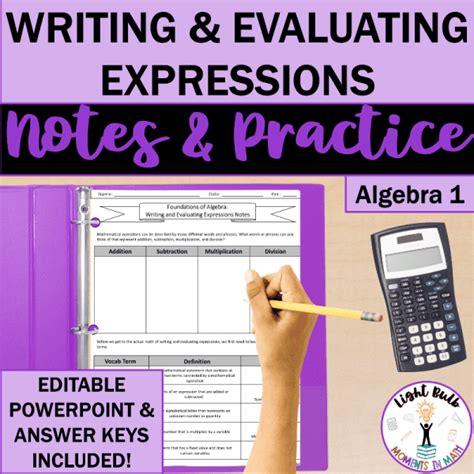 Writing And Evaluating Algebraic Expressions Guided Notes And Worksheet EDITABLE Light Bulb