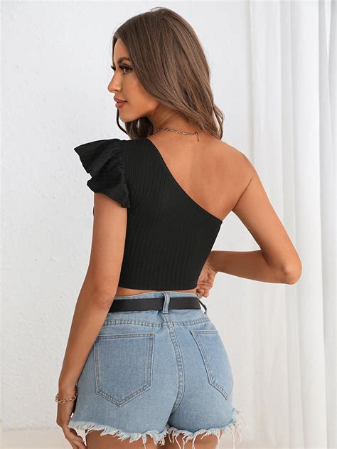 Shein Privé One Shoulder Ruffle Trim Crop Top Shein Eur