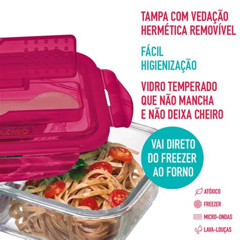 Marmita Talheres 1L Pote Vidro Divisória E Tampa Hermética Rosa