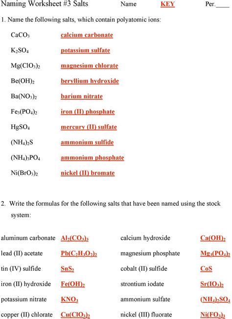 Chemistry Ionic Compounds Polyatomic Ions Worksheet Answers