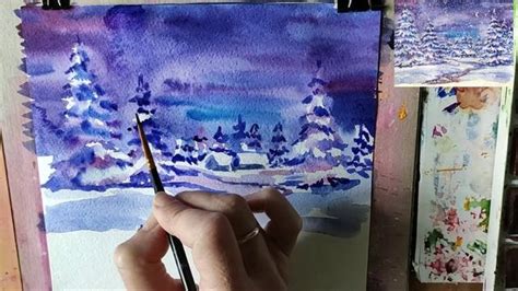 Как нарисовать зимний ночной пейзаж акварелью Мастер класс Winter
