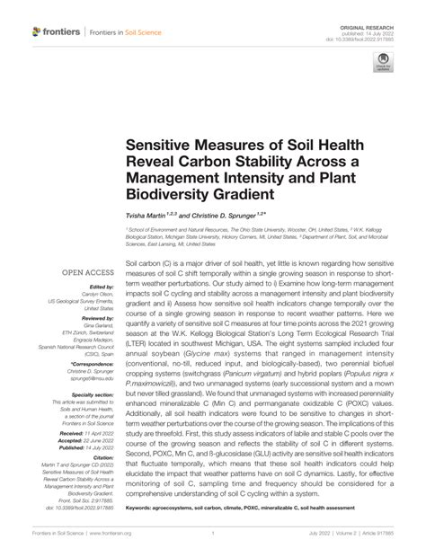 Pdf Sensitive Measures Of Soil Health Reveal Carbon Stability Across