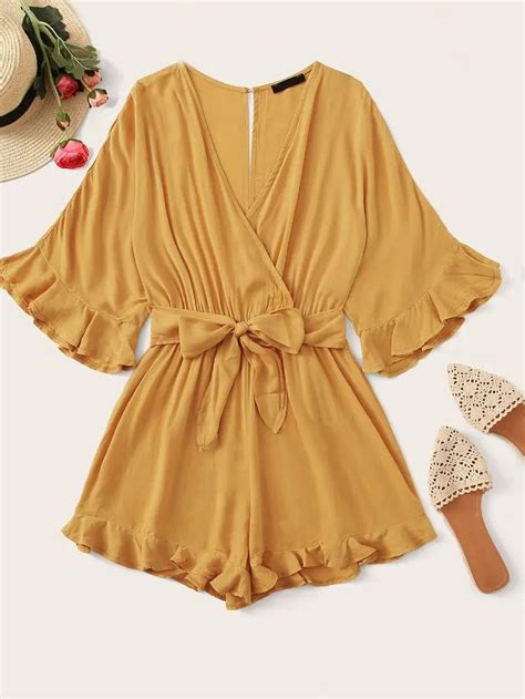 Shein Surplice Neck Ruffle Hem Belted Romper Belted Romper Rompers