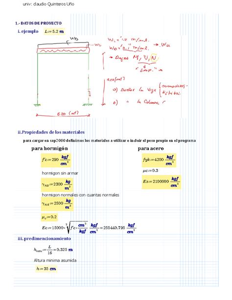 Tarea Hormigon 1 Datos De Proyecto I Ejemplo L ≔5 M Ii De Los Materiales Para Cargar En