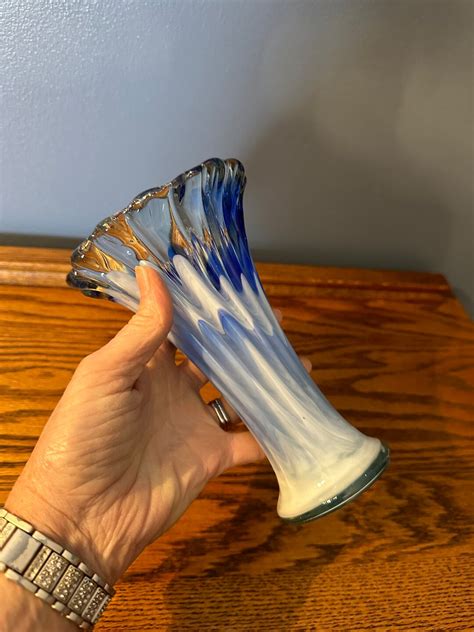 Vintage Blue Swirl Art Glass Hand Blown Blue And White Vase Etsy