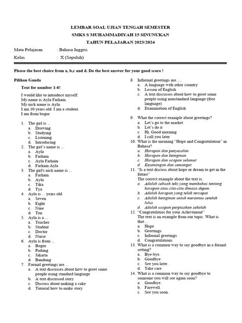 Soal Ujian Bahasa Inggris Kelas X Pdf Human Communication