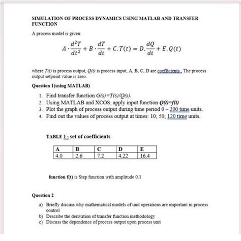 Simulation Of Process Dynamics Using Matlab And Chegg