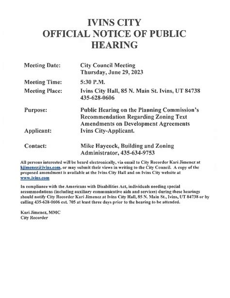 Public Hearing Notice Re Development Agreements Ivins City