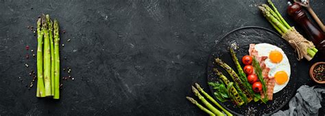 신선한 녹색 아스파라거스 평면도 배너 텍스트를 위한 여유 공간 구이에 대한 스톡 사진 및 기타 이미지 구이 굽기 다발 Istock