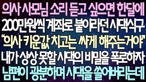 반전 사연 의사 사모님 소리 듣고 싶으면 한달에 200만원씩 계좌로 붙이라던 시댁식구 내가 상상 못할 시댁의 비밀을 폭로하자 남편이 광분하며 시댁을 쓸어버리는데 사이다